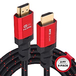 Ritz Gear 4K HDMI 2.0 Cable 2 ft. [5 Pack] 18 Gbps Ultra High Speed Braided Nylon Cord & Gold Connectors - 4K@60Hz/UHD/3D/2160p/1080p/ARC & Ethernet. Compatible with UHD TV/Monitor/PC/PS5/Xbox