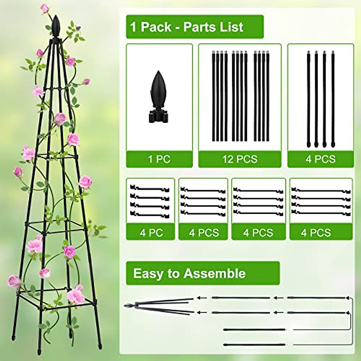 Garden Trellis for Climbing Plants Outdoor, deaunbr Plant Support Tower Obelisk Trellis 63'' Garden Trellises for Vines, Flowers, Indoor Potted Plant, Rose, Cucumber, Tomato, Pea, Clematis (1 Pack)