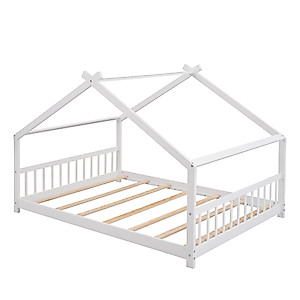 Harper & Bright Designs Full Size House Bed for Kids, Full Bed Frame with Headboard and Footboard, Wooden Kids House Bed for Girls Boys Bedroom Furniture, No Box Spring Needed, White
