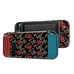 Dockable Case Compatible with Switch Console and Joy-Con Controller, Patterned ( Embroidery Red Pomegranate and Cherry Blossom ) Protective Case Cover with Tempered Glass Screen