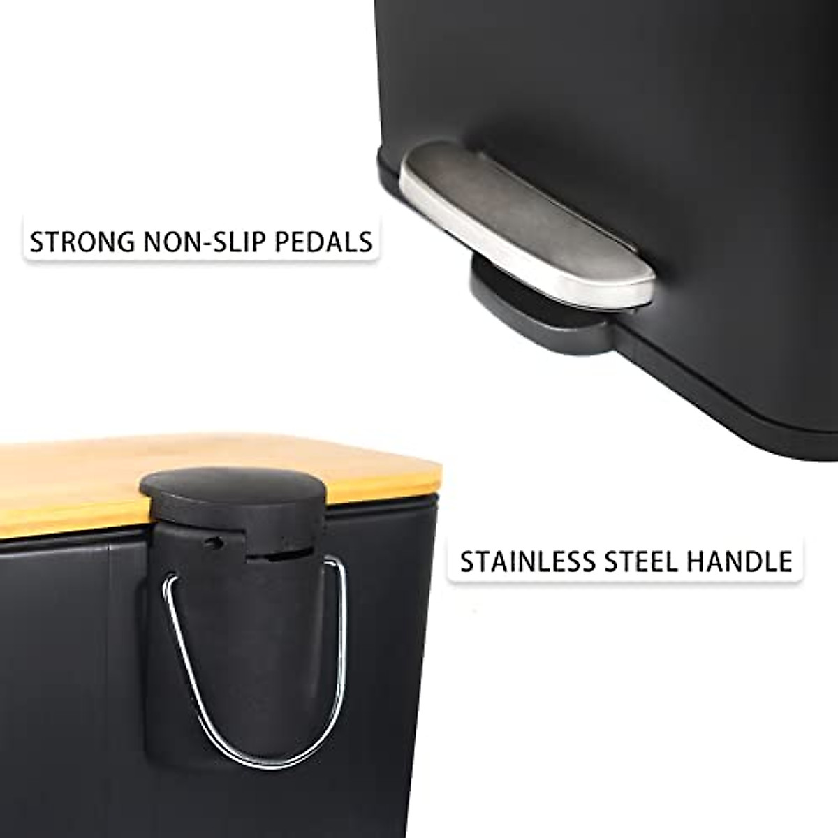 SIDIANBAN Small Trash Can with Bamboo Lid Soft Close and Foot Pedal, 1.3Gal/5L Rectangular Garbage Can with Inner Wastebasket for Bathroom,Bedroom, Office, Kitchen, Black