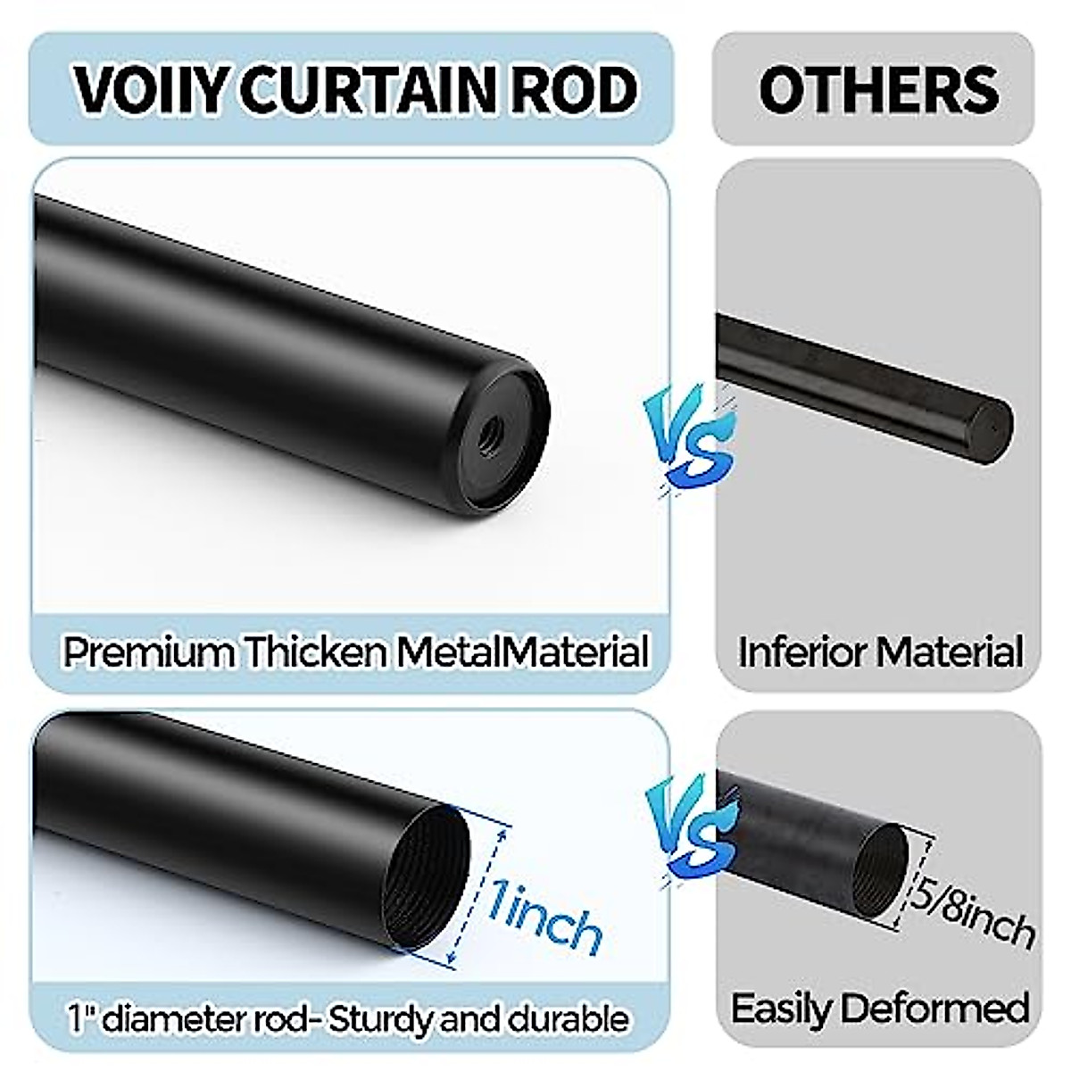 VOIIY Curtain Rods for Windows 48 to 84 Inch(4-7 Feet),Black 1'' Diameter Drapery Rods with End Cap Style Design,Modern Adjustable Heavy Duty Curtain Rod,Size:36''-88''