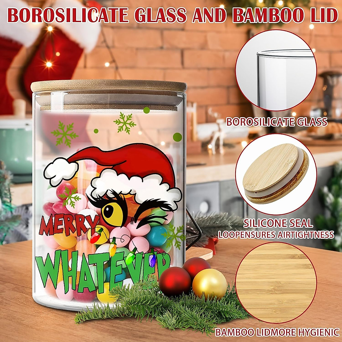 Turgtany Christmas Cookie Jar with Lids, Christmas Kitchen Decor Green, Glass Candy Storage Jars with Airtight Bamboo Lid for Kitchen