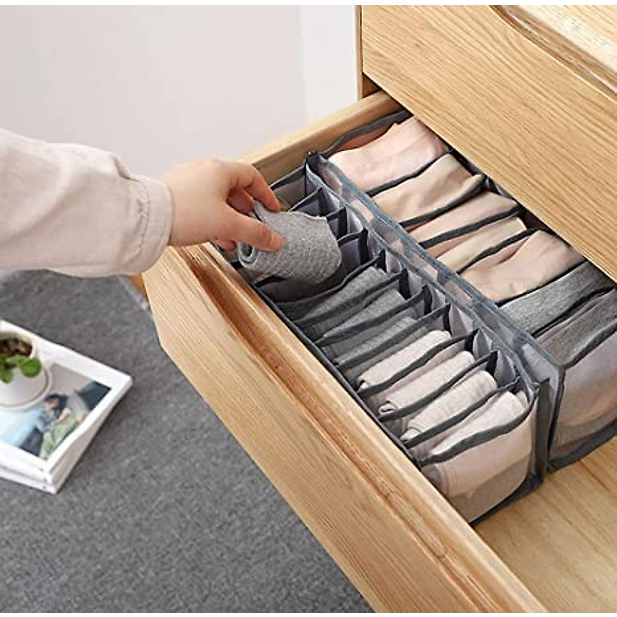 Underwear Drawer Organizer, 3 PCS Bra Sock Drawer Organizers for Women, Foldable Closet Storage Drawer Divider for Underwear Socks Clothes Stockings Scarves Ties and Bras（6/7/11 Compartments, Grey）