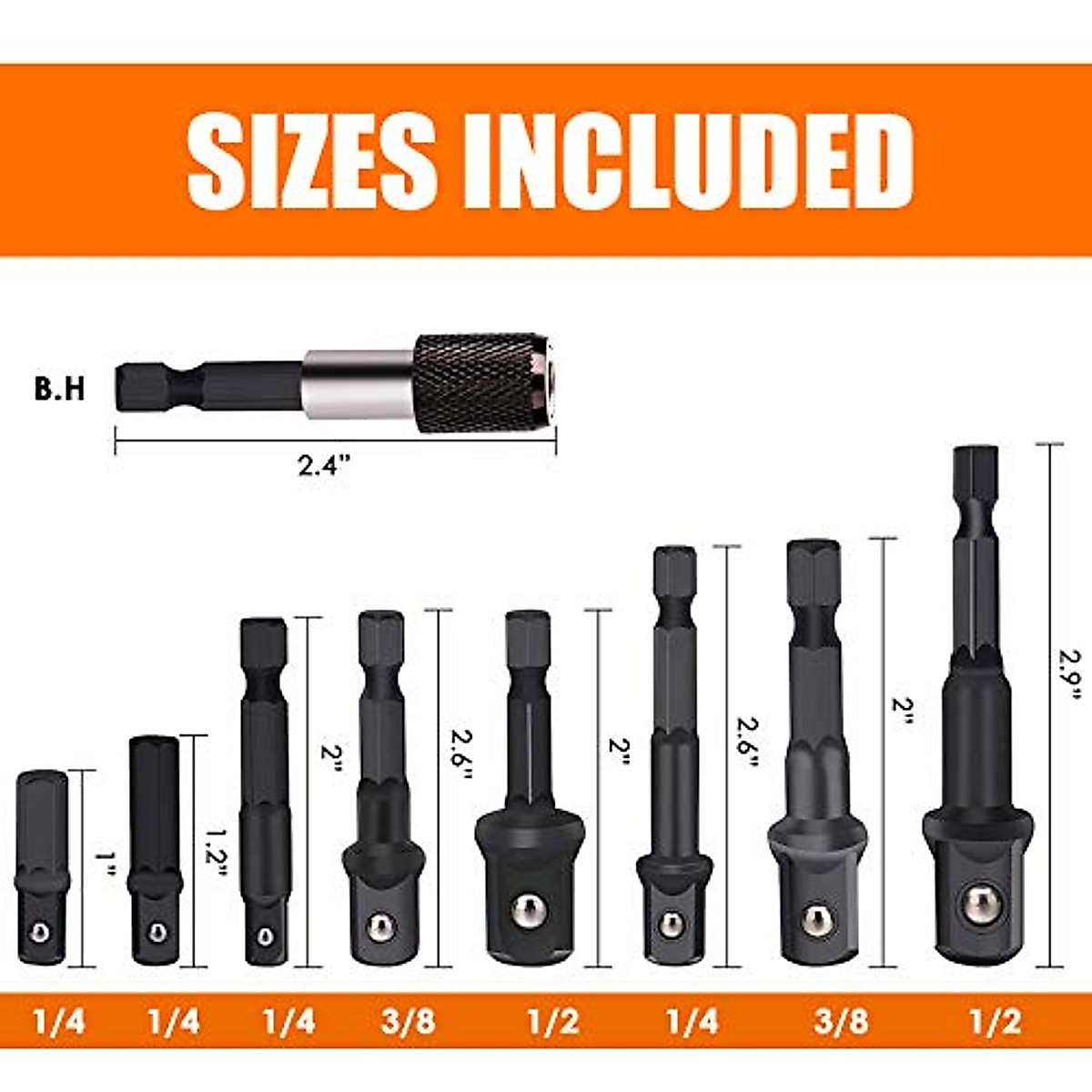THINKWORK Impact Socket Adapter Set, 1/4" 3/8" 1/2" Drill Socket Adapter, 1/4" Hex Shank Impact Driver Socket Adapter for Cordless Drill, Impact Driver, Power Drill, Impact Drill, 9-Piece