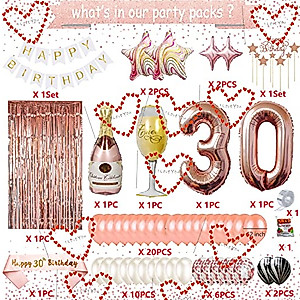 30th Birthday Decorations for Women - Rose Gold 30 Birthday Party Decoration for Her, Happy Birthday Banner, Balloon Arch ,Cake Topper, Foil Balloons and Sash for Girls Thirty Birthday Party Supplies