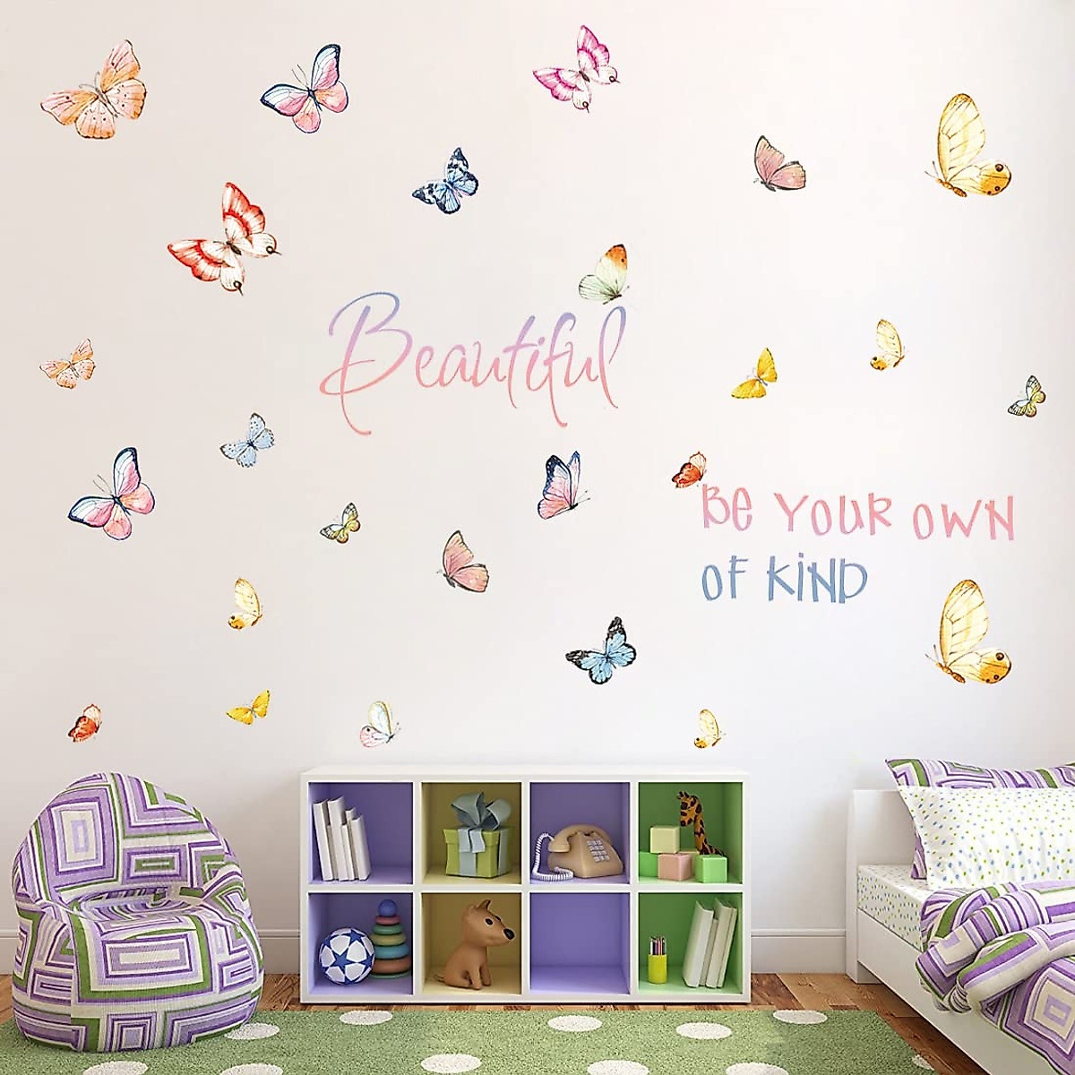 IARTTOP Luminous Butterfly Wall Decal, Inspirational Quotes-Be Your Own of Kind Peel and Stick Murals, Romantic Glow Butterflies Theme Wall Sticker for Girls Bedroom Nursery Kids Room Decoration