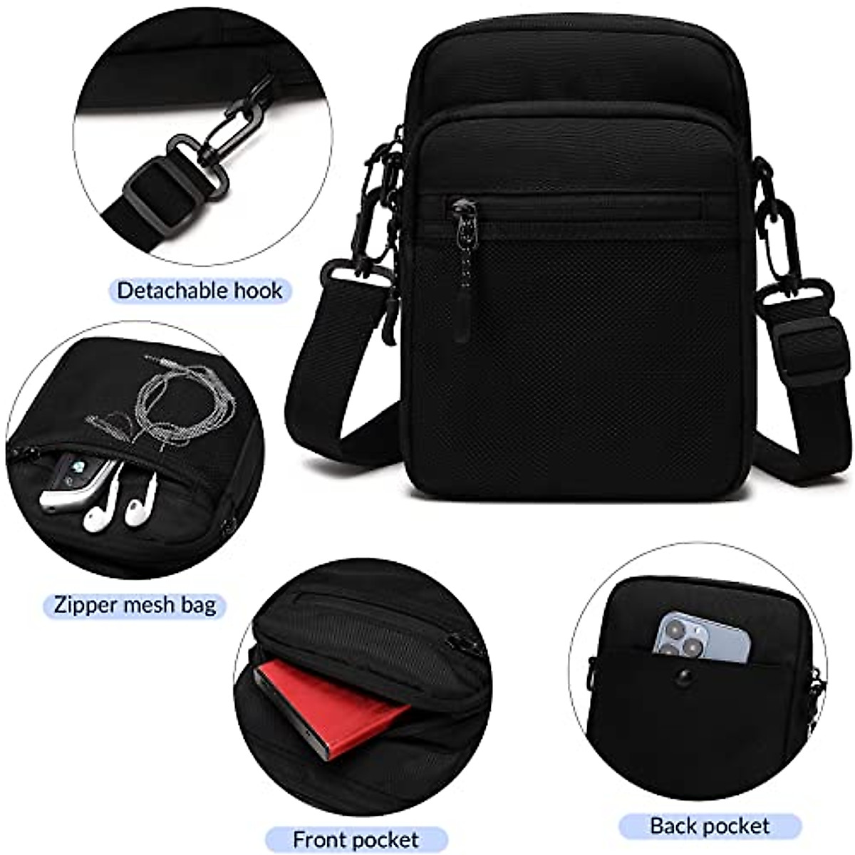 Lohol Small Messenger Bag for Men Women, Water Resistant Adjustable Multi-pocket Purse for Travel Sports (Black)