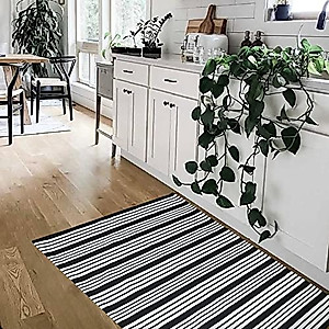 Black and White Striped Outdoor Rug 27.5"x43" Cotton Hand-Woven Reversible Foldable Washable Area Rug for Layered Door Mats Porch/Front Door, Entryway, Laundry Room, Farmhouse, Kitchen (27.5'' x 43'')