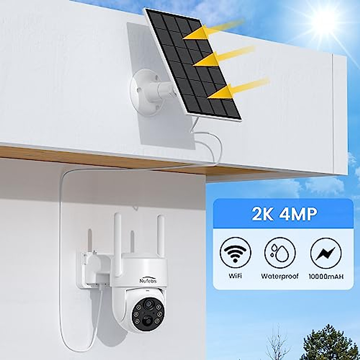 NUFEBS Security Camera 2K/4MP Wireless Outdoor with Solar Panel 355°PTZ 2.4G WiFi Waterproof Surveillance Motion Dection Spotlight/Siren, Color Night Vision，2 Way Audio，SD Card Slot/Clound (White)