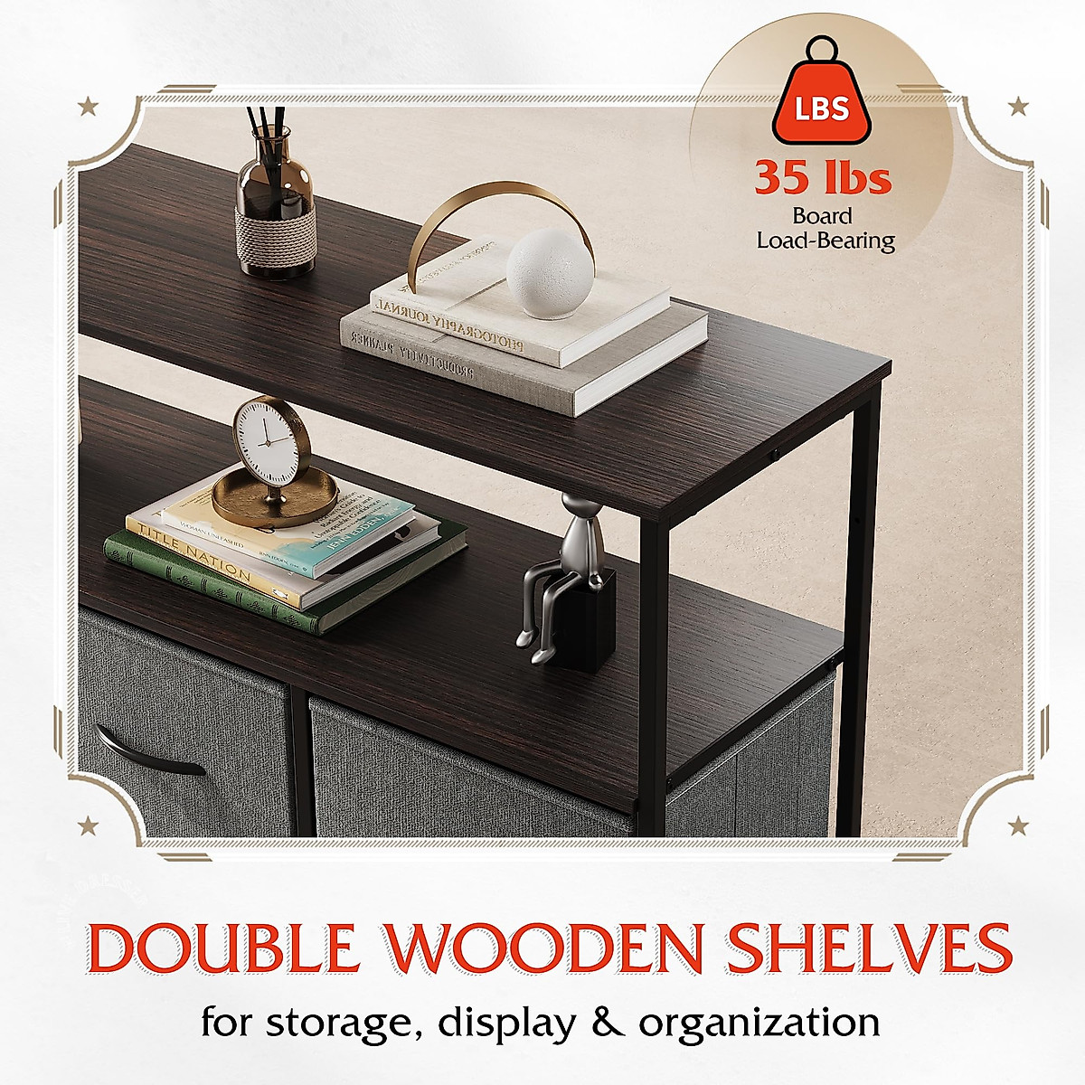 WLIVE Dresser TV Stand, Entertainment Center with Fabric Drawers, Media Console Table with Open Shelves for TV up to 45 inch, Storage Drawer Unit for Bedroom, Living Room, Entryway, Dark Grey