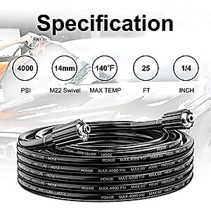 POHIR Pressure Washer Hose 25FT, Kink Resistant Power Washer Replacement Hose 1/4 Inch with M22 14MM Swivel, Lightweight Pressure Washer Extension Hose 3600 PSI