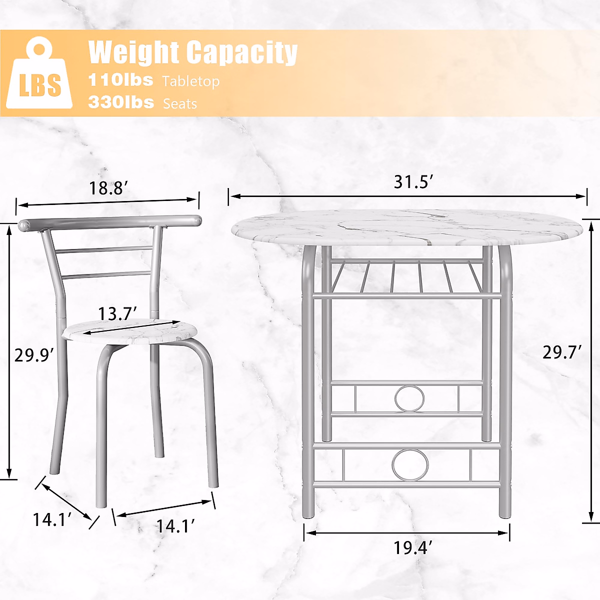 JUMMICO 3-Piece Wooden Round Table & Chair Set, Space Saving Kitchen Breakfast Nook Wood Grain Tabletop with Metal Frame and Built-in Wine Rack for Kitchen, Dining Room (White/Silver)