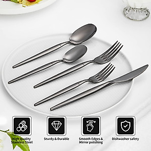 Rygten QU 20-piece Black Silverware Set, Unique Design Stainless Steel Flatware Set, Cutlery Set Spoons And Forks Knives Set, Tableware Set Service For 4, Dishwasher Safe