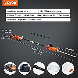 VEVOR Pole Cordless Hedge Trimmer, 20V Electric Bush Trimmer Kit with 18 inch Double-Edged Steel Blade, 74"-94" Telescoping Design for High Branches(2.0Ah Battery & Fast Charger Included)
