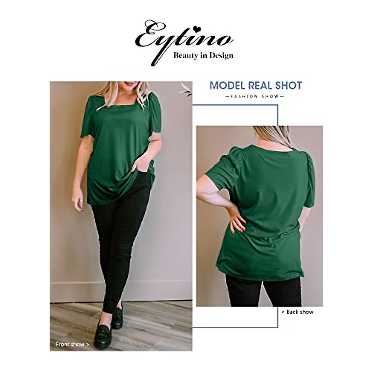 Eytino Womens Plus Size Tshirts Summer Square Neck Puff Sleeve Loose Casual Blouse Tops,2X Green