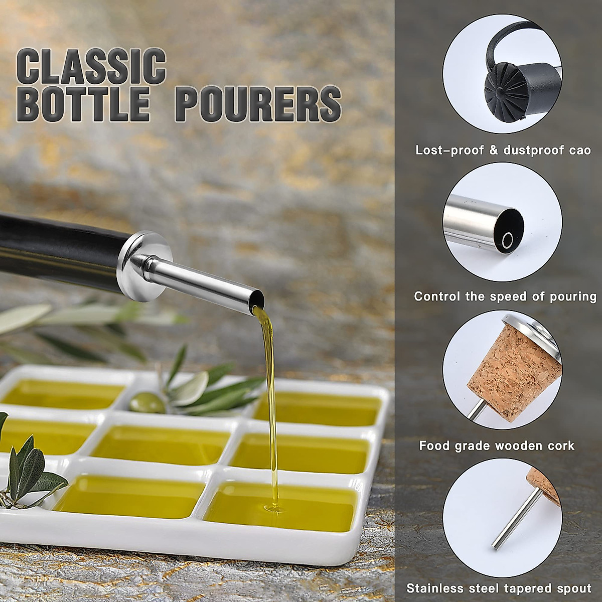 Worldity 16PCS Wine Cork Pourer Spout, Stainless Steel Wine Pourers, Liquor Dispenser with Dust Cap, Oil Pouring Spout Rubber Wine Bottle Corks for Wine Olive Oil Vinegar Bottles
