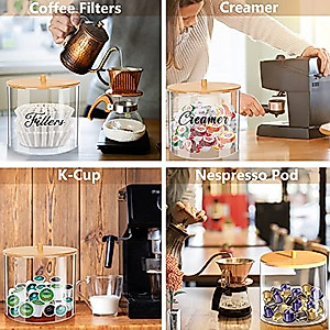 Coffee Pod Holder with Bamboo Lid, Clear K Cup Holder Kcup Vertuo Organizer 80-Ounce, Coffee Filter Holder, Keurig Pods Holder for Counter,Coffee Creamer Container Compatible with Nespresso Capsule