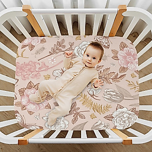 Fitted Crib Sheet for Boys Girls, Vintage Flowers Jersey Knit Baby Sheet for Standard Crib and Toddler Bed Mattresses, Cozy Soft Breathable, 28 x 52 in