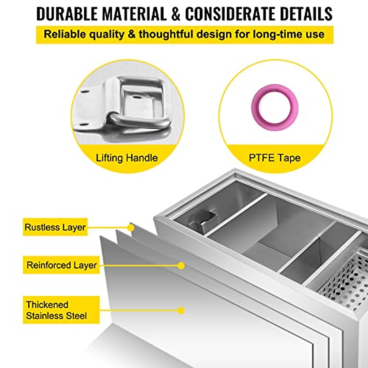 VEVOR 25LB Commercial Grease Trap, 13GPM Commercial Grease Interceptor, Stainless Steel Grease Trap w/Top & Side Inlet, Under Sink Grease Trap for Restaurant Factory Home Kitchen