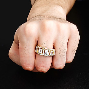 Apzzic Square Diamond Rings Iced Out Cubic Zirconia Micro Pave Hip Hop Fashion Wedding Eternity Band Ring for Men Women Gold 7