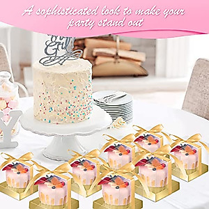 50 Pcs Clear Cupcake Boxes Individual 3.5 Inch Plastic Cupcake Containers Single Cupcake Boxes with Inserts and Ribbon Individual Cupcake Holders Cupcake Storage for Cake Dessert Carrier(Gold, Gold)