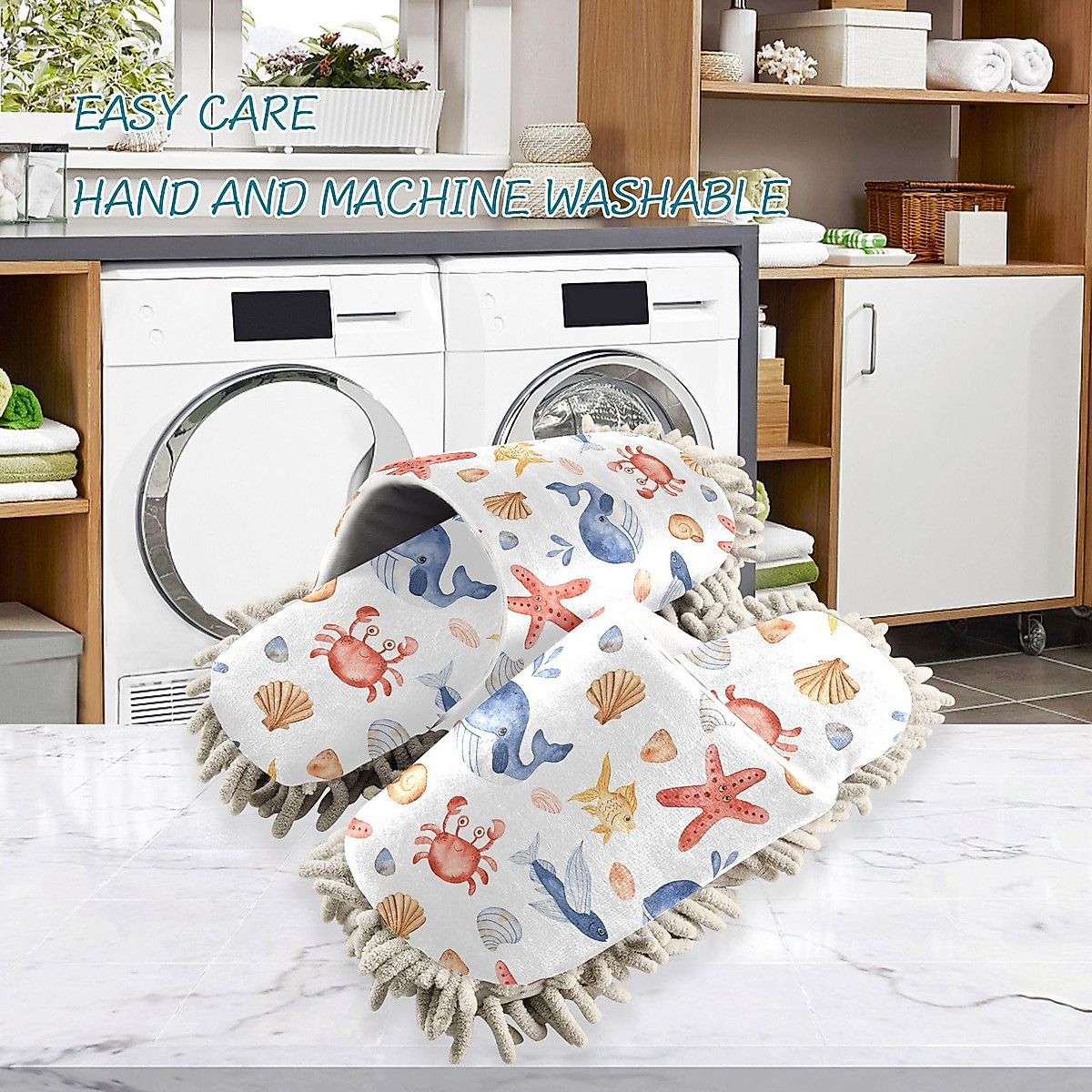 FLildon Microfiber Cleaning Slippers Cute Sea Animal Whale Washable Mop Shoes Slipper for Men/Women House Floor Dust Cleaner, Size L