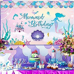 Mermaid Party Decorations Under The Sea Backdrop for Girls Birthday Party Photography Background Banner Purple Pink Scales Photo Booth Props, 6 x 3 ft
