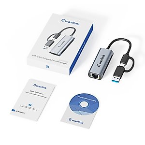 Wavlink USB C to Ethernet Adapter 2.5 Gbps, 2-in-1 USB to 2.5G Ethernet Adapter, USB-C to RJ45 Network Converter (Thunderbolt 4/3 Compatible), Aluminum Case for Windows, Mac OS, iPad OS and More.