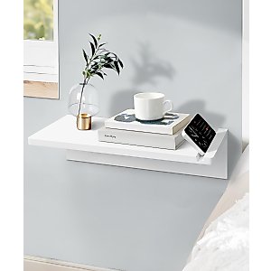 Mazjoaru White Floating Nightstand 16inch, Modern Natural Pine Wood Night Stand Floating Wall Shelves with Phone Slot, Cord Holes, Small Narrow Nightstands Bedside Tables for Bedroom Dorm Bedside