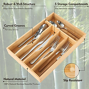 Upassion Bamboo Kitchen Drawer Organizer, 9 Inch Silverware Utensil Holder for Samll Drawer, Narrow Silverware Organizer for Cutlery Knives