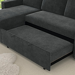 Ball & Cast 85" Sleeper Sofa with Storage Chaise, Chenille Upholstered Reversible Sectional Couch with Pull Out Bed, Button Tufted Armrest and Nailhead Trim,for Living Room,Apartment,Dark Grey