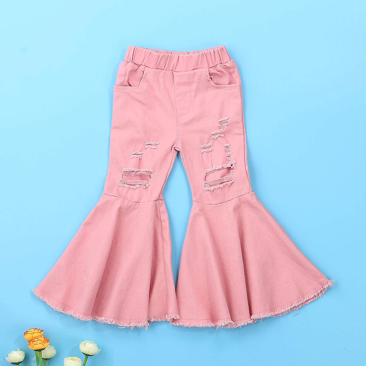 ICECTR Toddler Baby Girls Kid Flared Denim Pants Ruffled Wide Legs Ripped Jeans High Waist Bell Bottoms Casual Outfit (Pink, 3-4T)