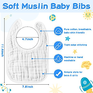 GROBRO7 8Pcs Muslin Baby Bibs White Soft Cotton Adjustable Snap Drool Bib Absorbent Breathable Feeding Bibs Machine Washable Burp Cloths for 0-24 Months Unisex Newborn Toddler Infant Teething Drooling