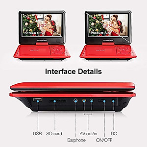 DBPOWER 11.5" Portable DVD Player, 5-Hour Built-in Rechargeable Battery, 9" Swivel Screen, Support CD/DVD/SD Card/USB, Remote Control, 1.8 Meter Car Charger, Power Adaptor and Car Headrest (Red)