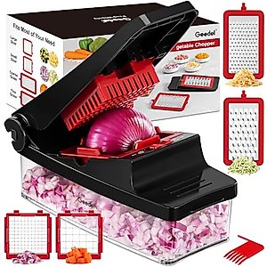 Geedel Vegetable Chopper, Onion Chopper Pro Food Chopper, Kitchen Vegetable Slicer Dicer Cutter Grater, Veggie Chopper with container for Salad Onion Potato Carrot (4 in 1, Red)