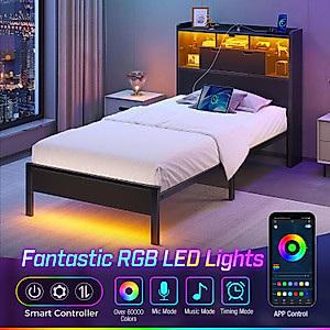 Rolanstar Twin Bed Frame with Charging Station, LED Bed with Bookcase Storage Headboard, Metal Platform Bed with Glass Shelves, No Box Spring Needed, Noise-Free, Black