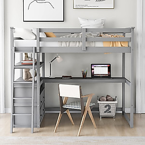 Bellemave Twin Loft Bed with Desk and Storage Drawers Wood Loft Bed with Bookshelf and Ladder for Kids Boys Girls Teens, Gray