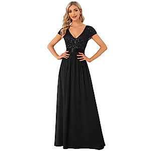 Ever-Pretty Women's Sequin V-Neck line Short Sleeves Empire Waist Maxi Evening Dress Formal Dress Black US12