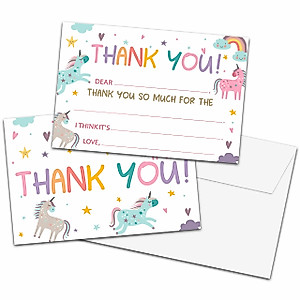 Kids Thank You Cards Fill in the Blank, Magic Unicorn Thank You Cards, Rainbow Unicorn Greeting Cards, Thank You Notes For Girls, Birthday Party Decorations Favors (20 Cards With 20 Envelopes) -08