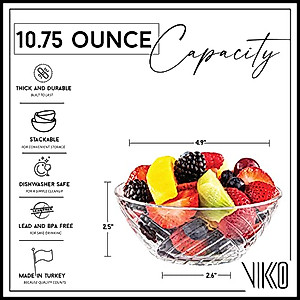 Vikko Glass Bowls, Set of 6 Decorative Glass Dessert Bowls, 10.75 Ounce Glass Dish for Dessert, Candy, Kitchen Prep, Dishwasher Safe