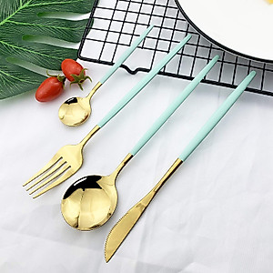 JASHII Flatware Serving Set 24 Piece, Stainless Steel Silverware Set, Mint Green Gold Cutlery Set, Modern Elegant Tableware Set for Party, Christmas, Dinner (Mint Green Gold)
