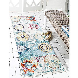 Unique Loom Estrella Collection Modern, Abstract, Colors, Distressed Area Rug, 2 ft 2 in x 6 ft 7 in, Beige/Light Blue
