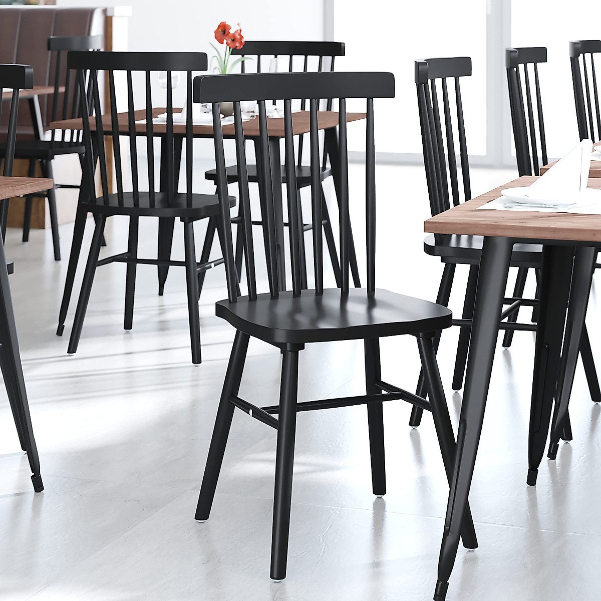 Flash Furniture Ingrid Commercial Grade Windsor Dining Chairs - Black Solid Wood Spindle Back Chairs - Armless Kitchen or Dining Room Chairs - No Assembly Required