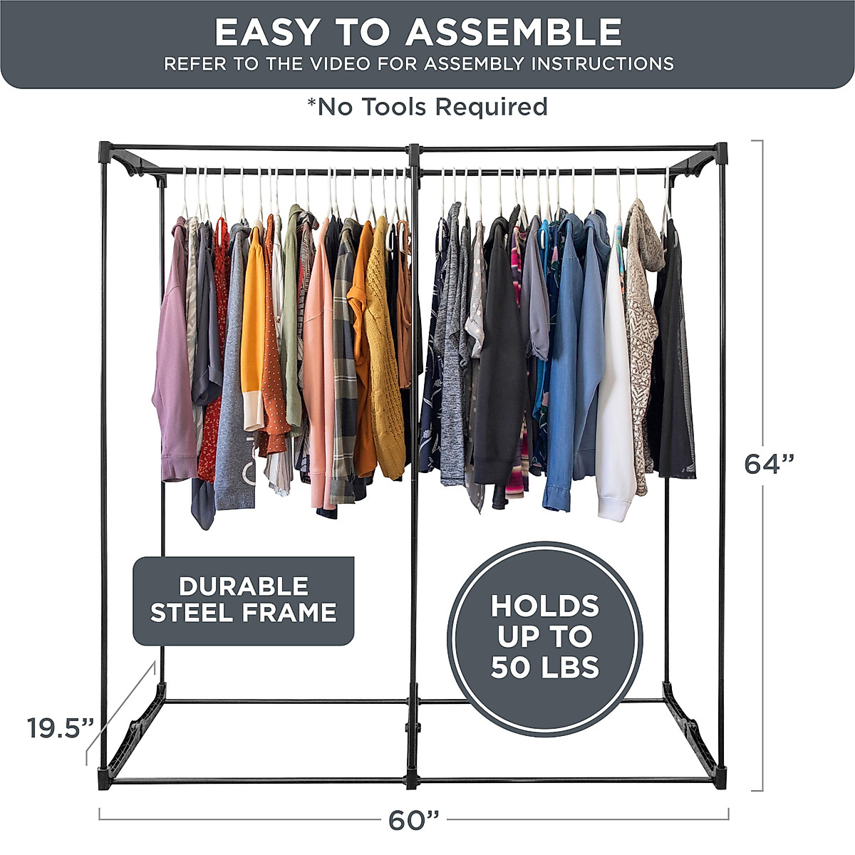 HOLDN’ STORAGE Portable Wardrobe Closet, Large - Premium Heavy Duty Metal Hanging Rod with Dark Gray Cover- 50 Lb. Weight Capacity- Super Easy Assembly, No Tools Required