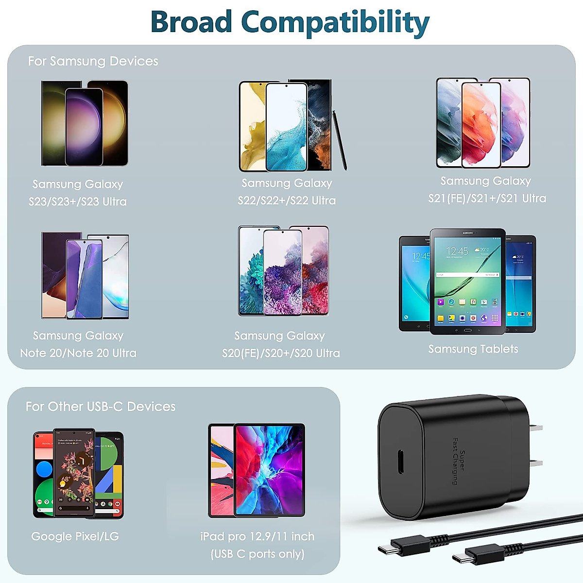 Fast Charger Type C 25W Android Phone Charger USB C Block with 10 FT C to C Type Fast Charging Cable for Samsung Galaxy S23 Ultra/S23/S23+/S22/S22 Ultra/S22+/S21/S20/Note 10/20, Z Fold/Flip, 3Pack
