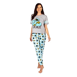 Prestigez Cookie Monster Women's Pajama 2 piece Set, includes Tee and Sleep Pants, Gray/Blue, Size Medium
