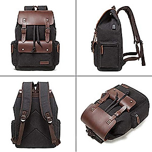 LACATTURA Vintage Leather Backpack for Men and Women, Denim Canvas College Travel Laptop Rucksack Vegan Daypack - Black