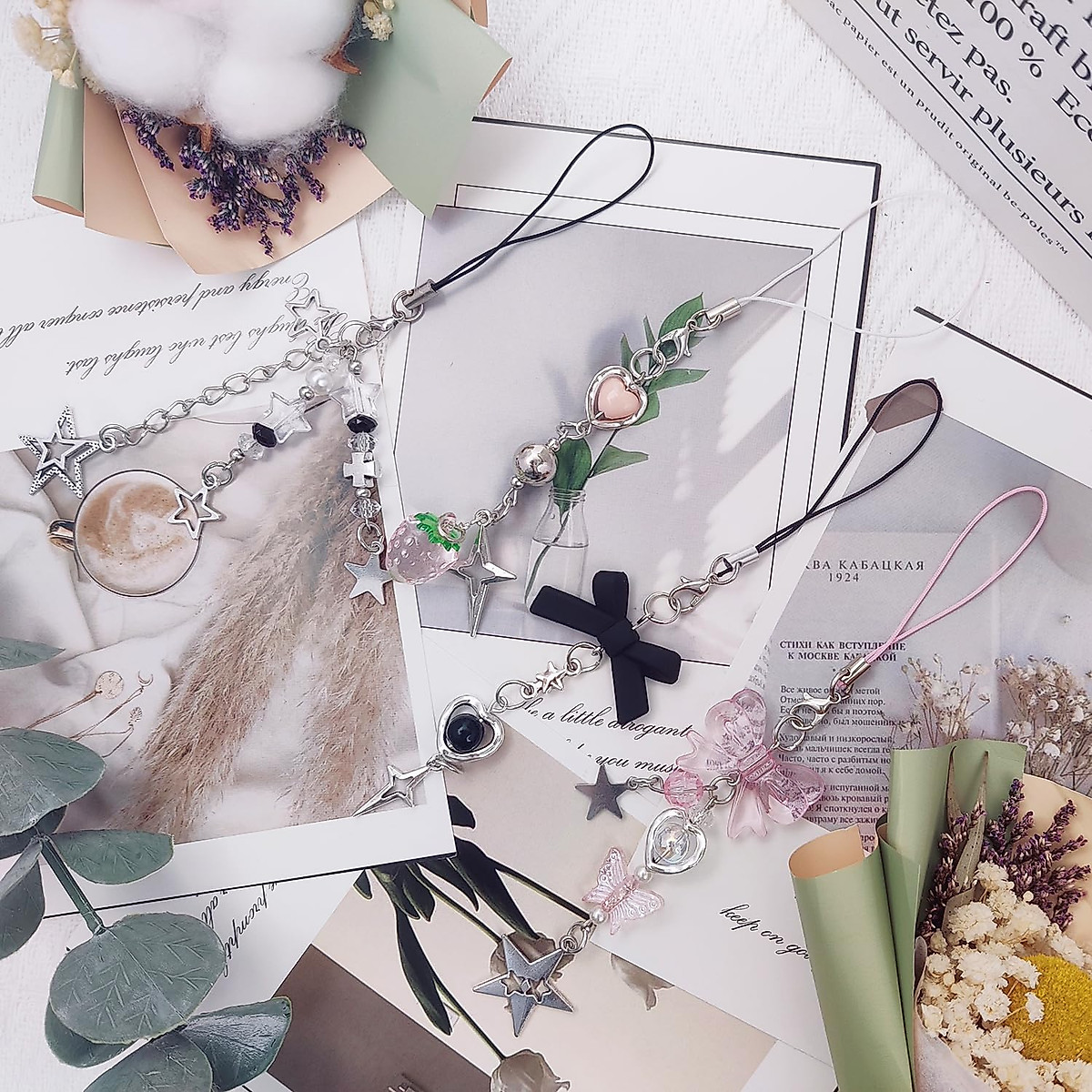 cioatu 4PCS Cute Phone Charms Aesthetic Y2K Cell Phone Charms Strap Pink Strawberry Butterfly Star Phone Charm Y2K Accessories for Phone Bag Keychain Airpods Camera Pendants Decor