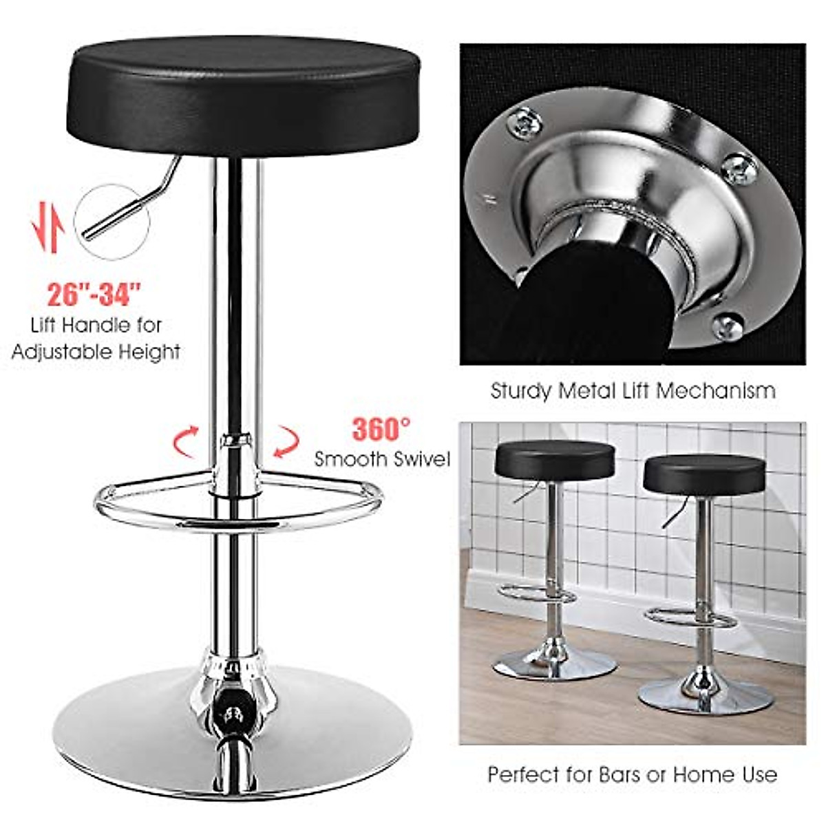 COSTWAY Bar Stool, Modern Swivel Backless Round Barstool, PU Leather Armless bar Chair with Height Adjustable, Chrome Footrest, Sturdy Metal Frame for Kitchen Dining Living Bistro Pub (Black, 1 pc)